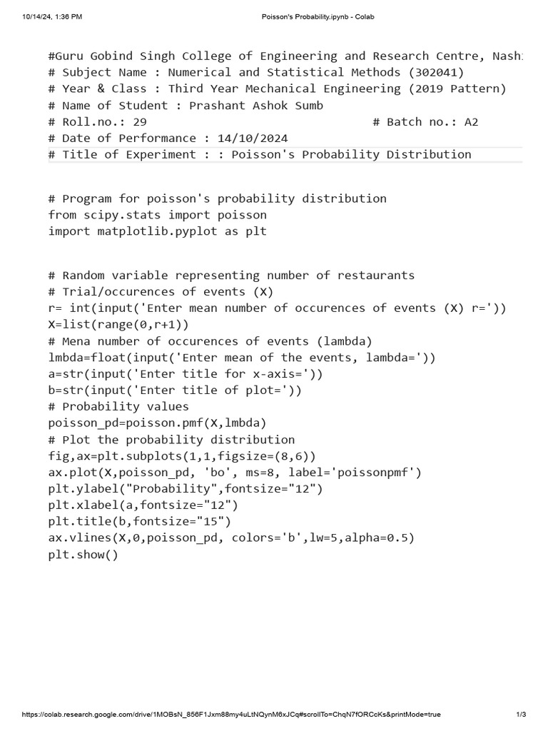 Poisson's Probability - Ipynb - Colab 1 | PDF