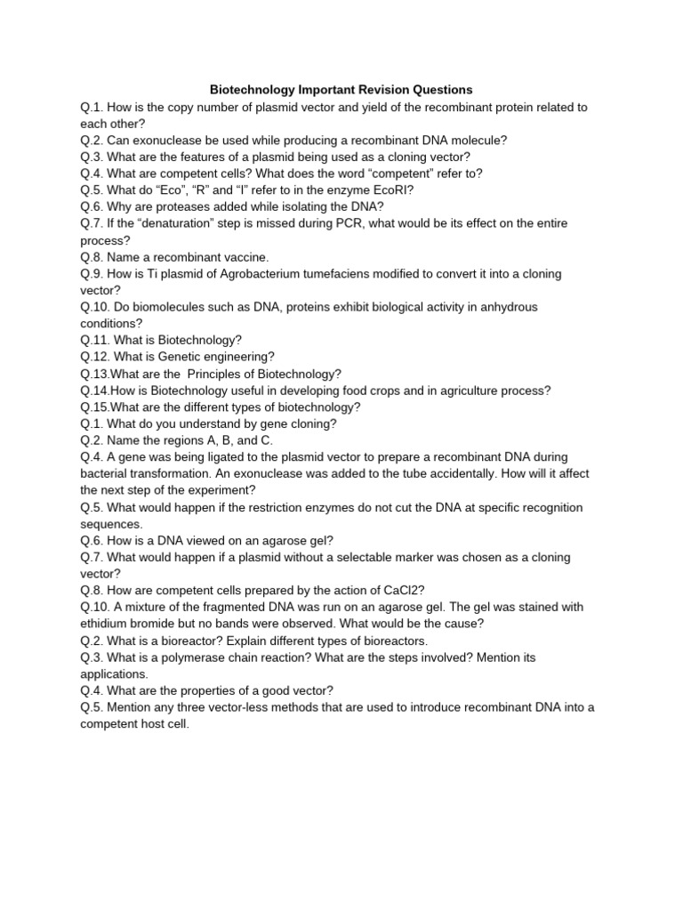 Biotechnology Important Revision Questions | PDF | Computers