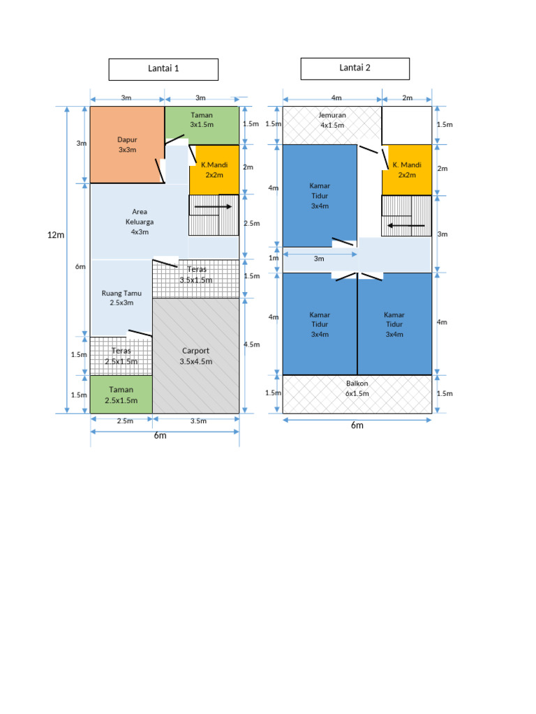 Denah Rumah 6x12 - 2 Lantai 3 Kamar | PDF