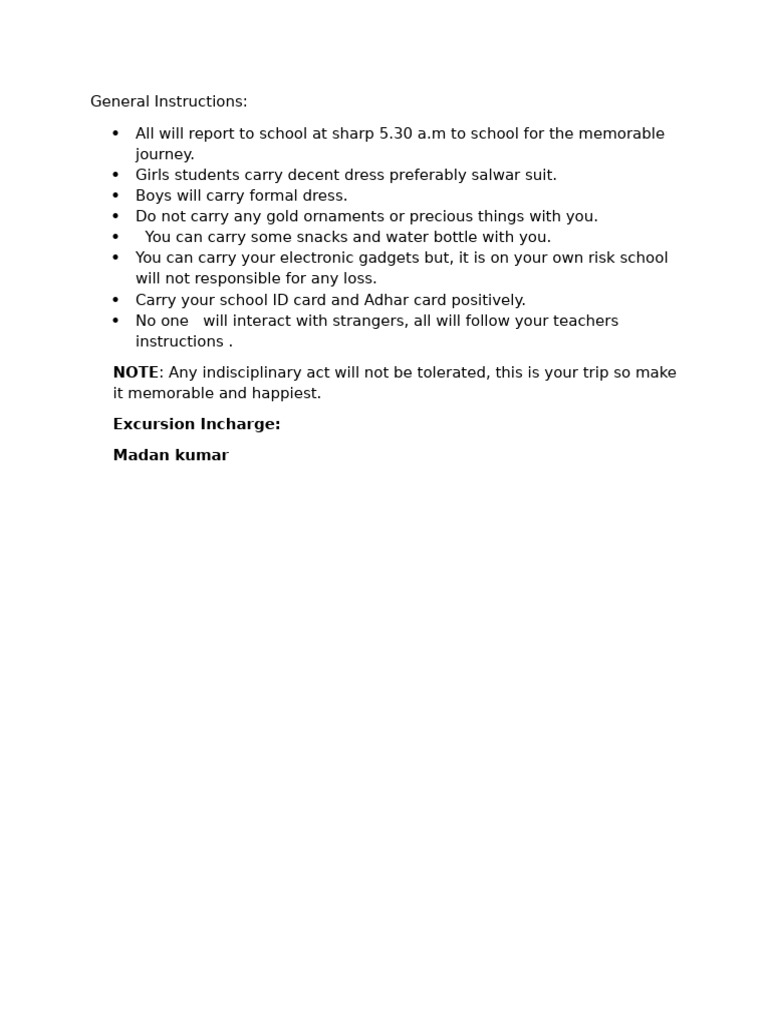 General Instructions for Excursion | PDF