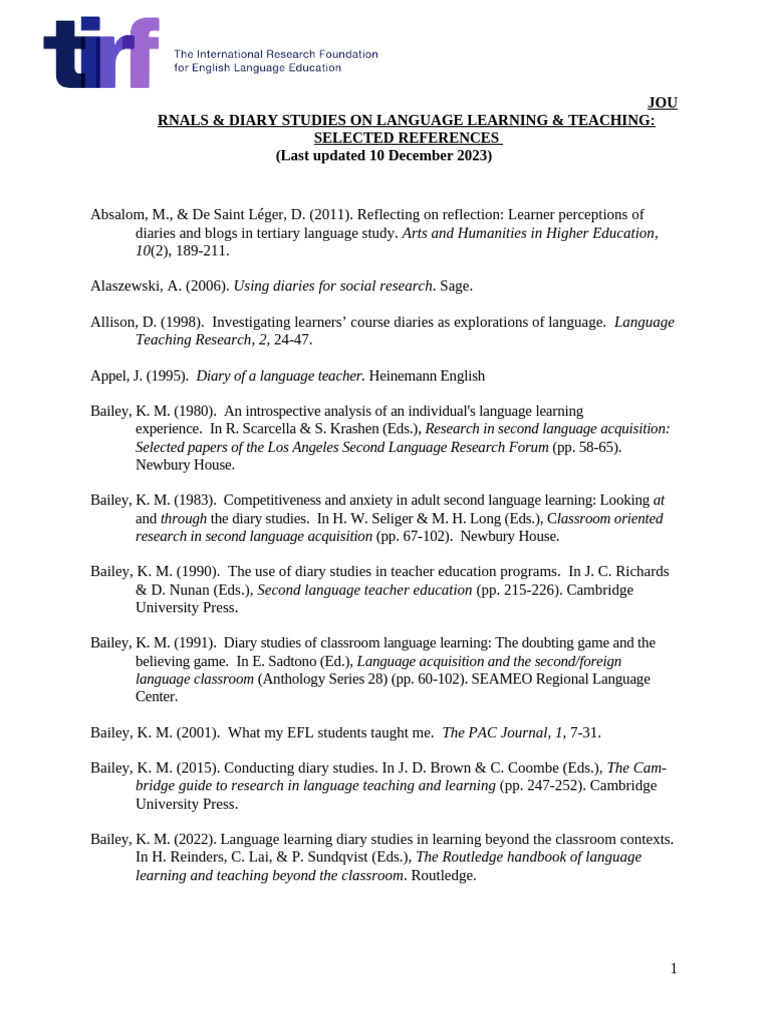 Language Learning Diary Studies References | PDF | English As A Second ...