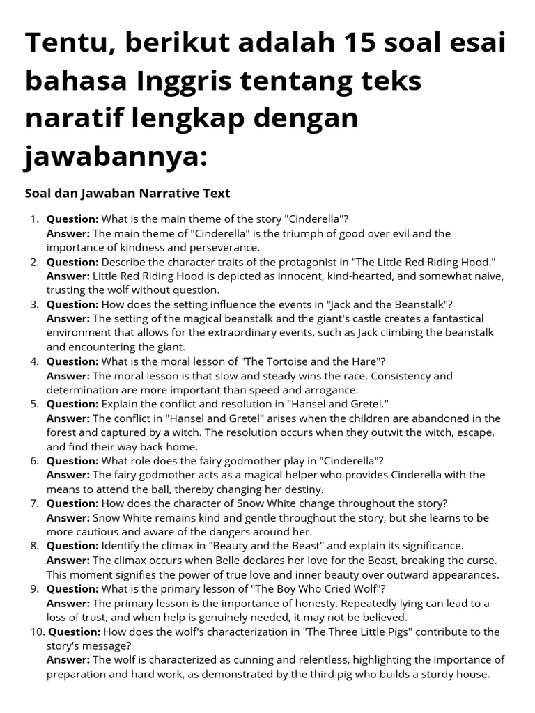 Tentu, Berikut Adalah 15 Soal Esai Bahasa Inggris Tentang Teks Naratif Leng - 20240915 - 112815 ...