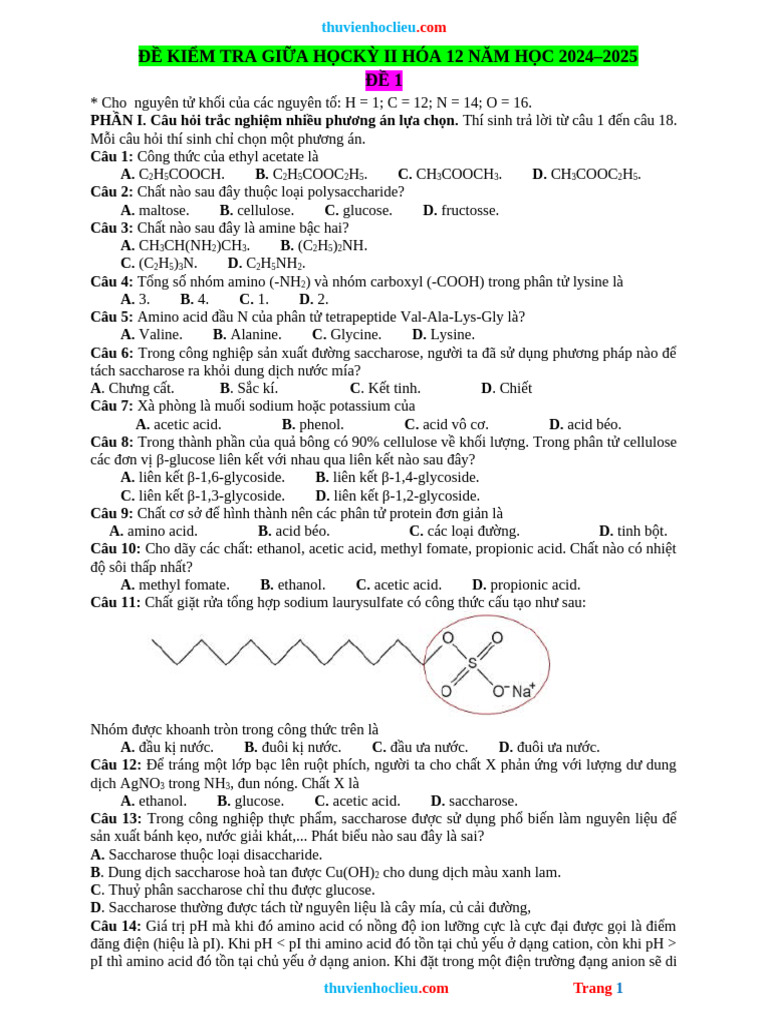 Bo de Kiem Tra Giua HK1 Hoa 12 | PDF