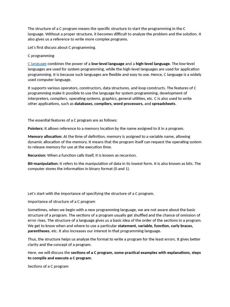 The Structure of A C Program Means The Specific Structure To Start The ...