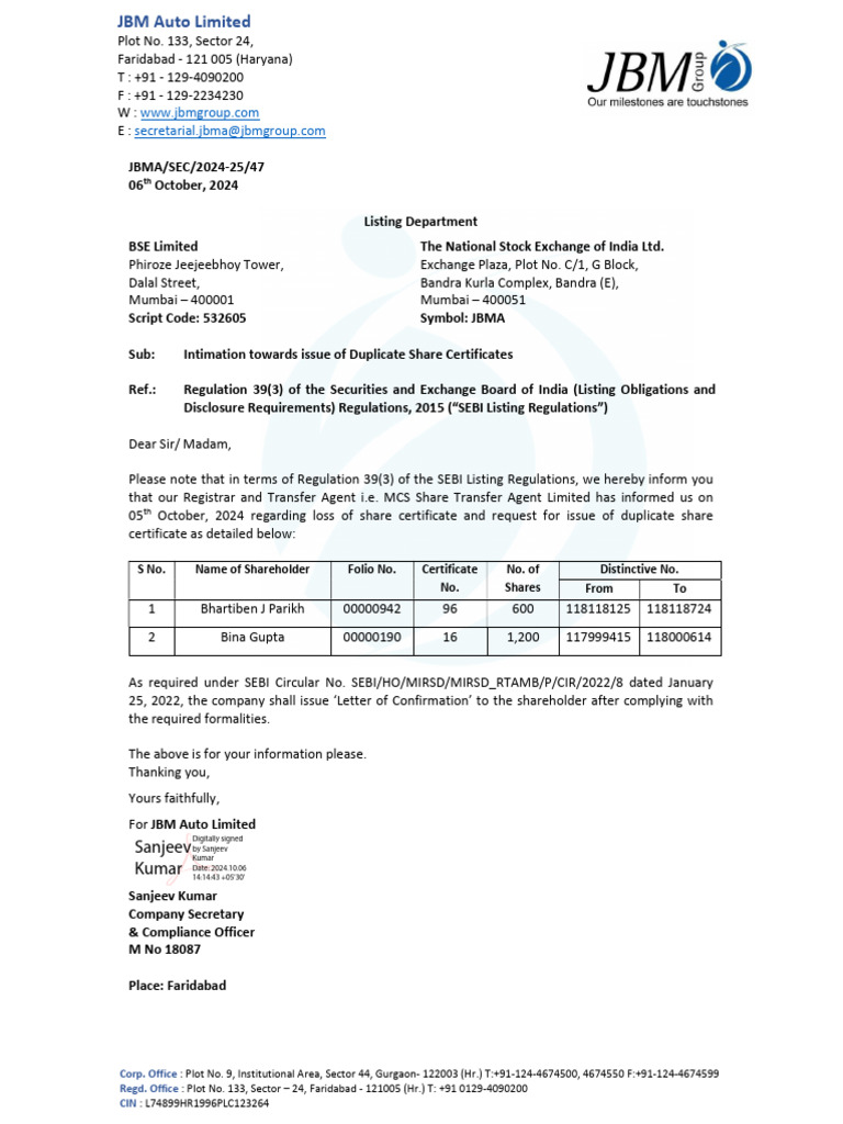JBMA_06102024201810_intimationlettersgnd | PDF | Financial Markets ...