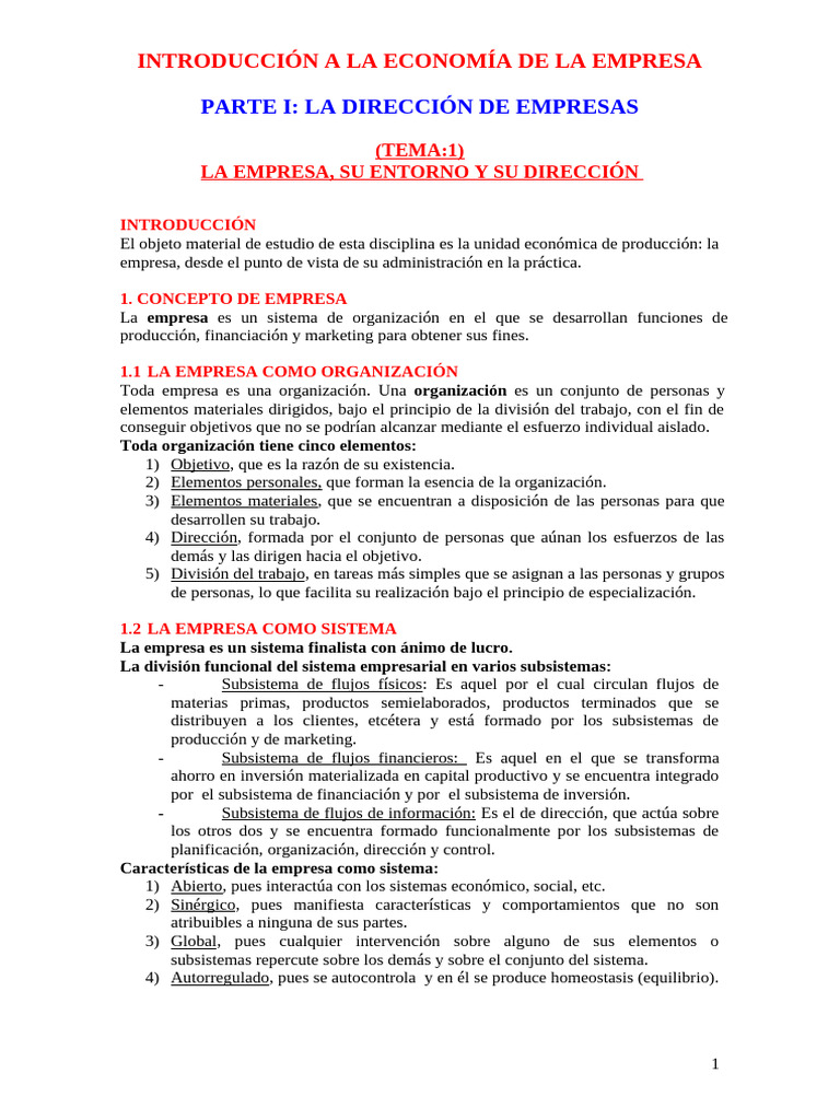 Resumen Mónica (Tema 1) La Empresa, Su Entorno y Su Dirección | PDF | Análisis FODA | Business
