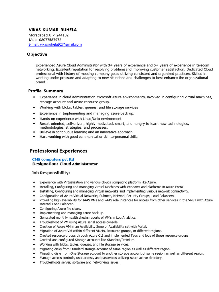 Vikas Ruhela CV-1 | PDF | Virtual Machine | Microsoft Azure