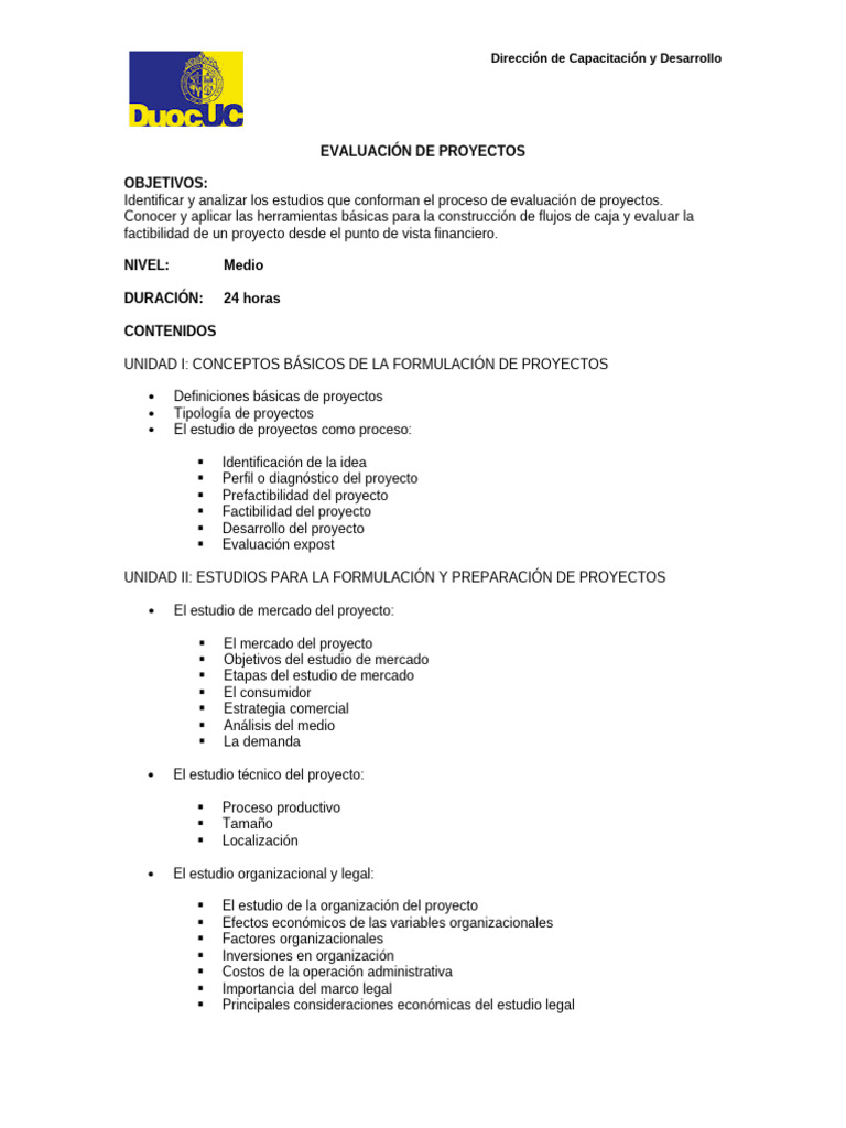 DUOC - Evaluación de Proyectos | PDF | Flujo de caja descontado | Economias