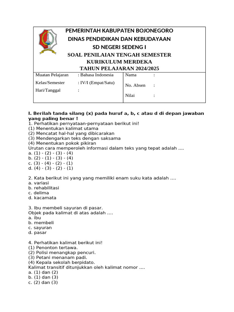 Soal PTS B.Indonesia Kls 4 Kumer - 2024 | PDF | Seni & Disiplin Bahasa