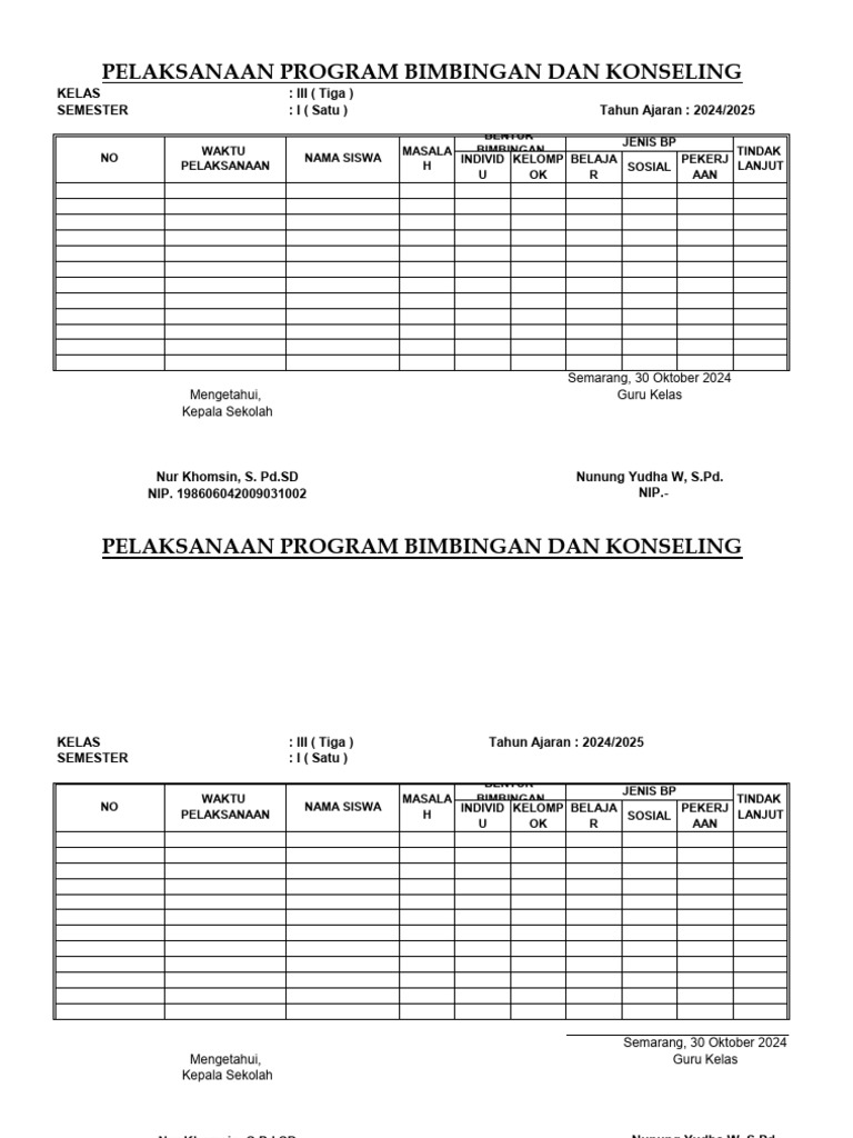 Format Buku Bimbingan Konseling SD | PDF