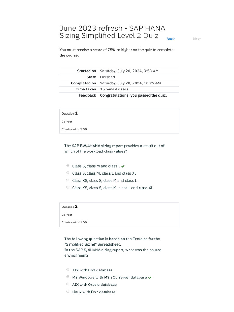 SAP HANA Sizing Simplified Level 2 Quiz_ Attempt Review | PDF | Central Processing Unit ...