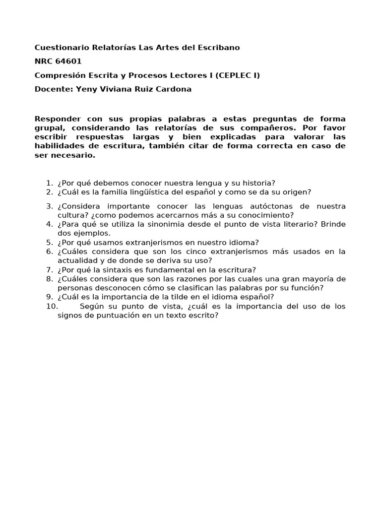 1 Cuestionario Relatorias | PDF | Estudios de idiomas extranjeros