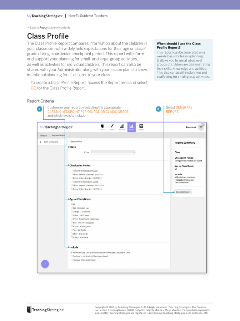 MyTeachingStrategies How To Guide For Teachers - Class Profile Report | PDF | Teachers | Lesson Plan
