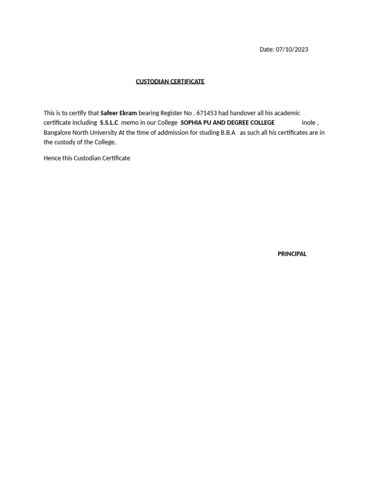 Custodian Certificate | PDF