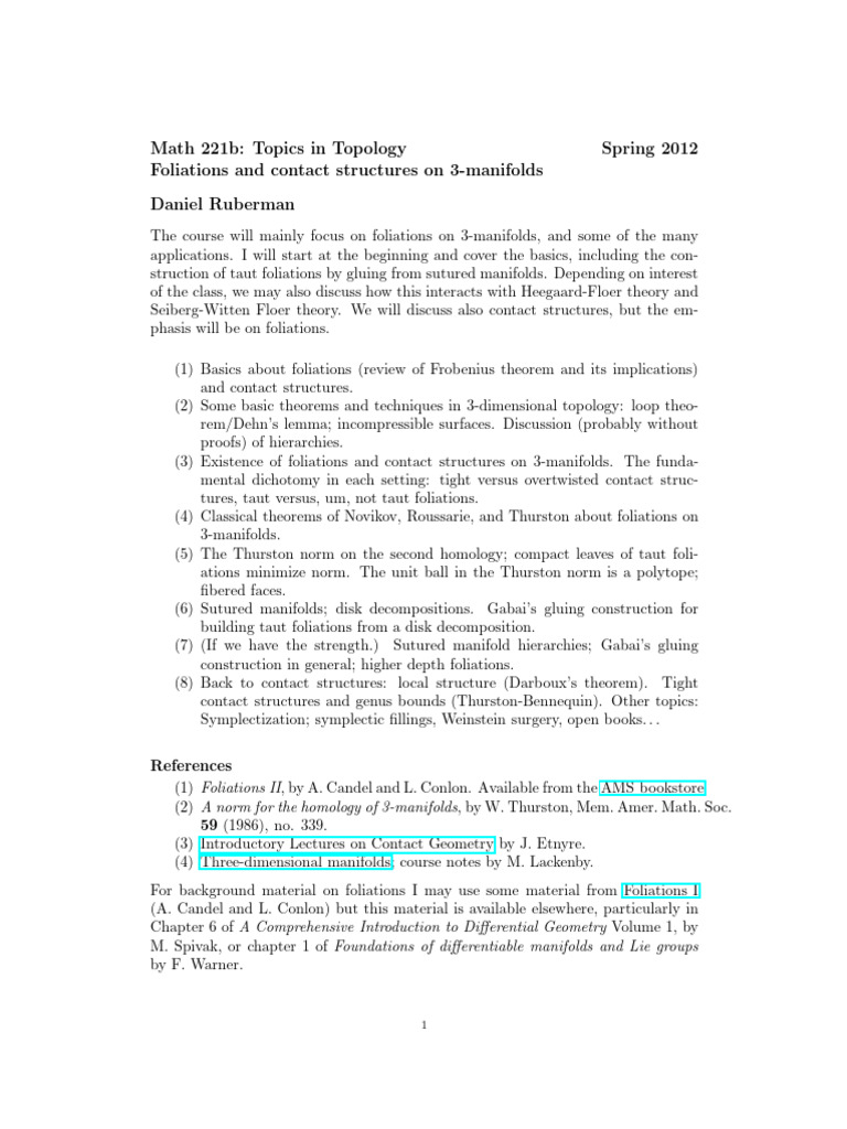 Foliations and contact structures on 3-manifolds | PDF | Mathematical ...