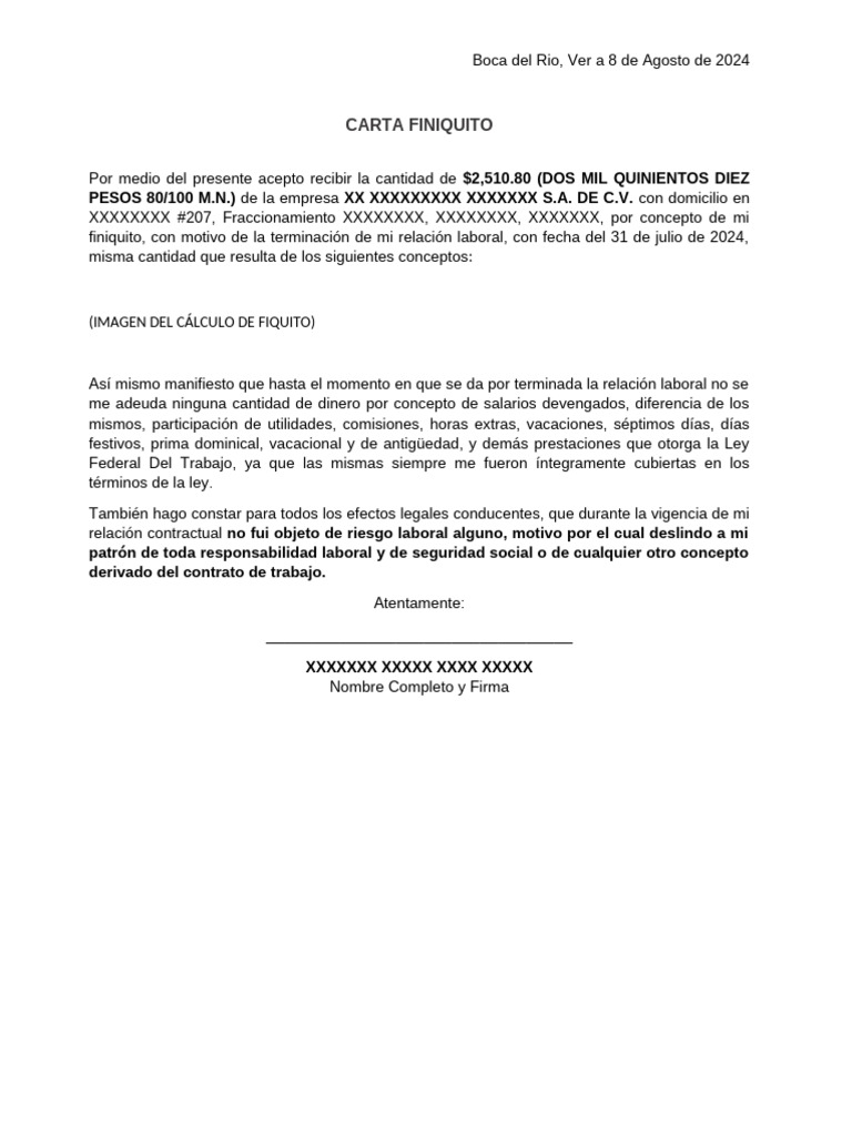 Carta de Finiquito Laboral 2024 | PDF | Derecho