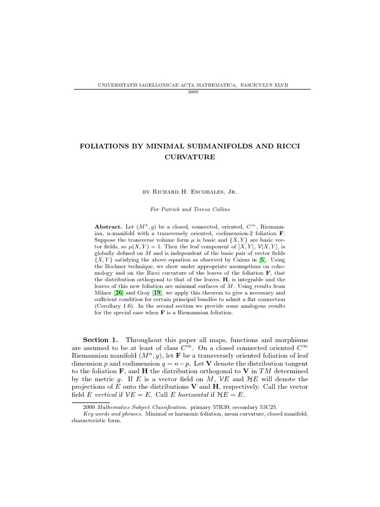Foliations by Minimal Submanifolds and Ricci Curvature | PDF | Curvature | Mathematical Concepts