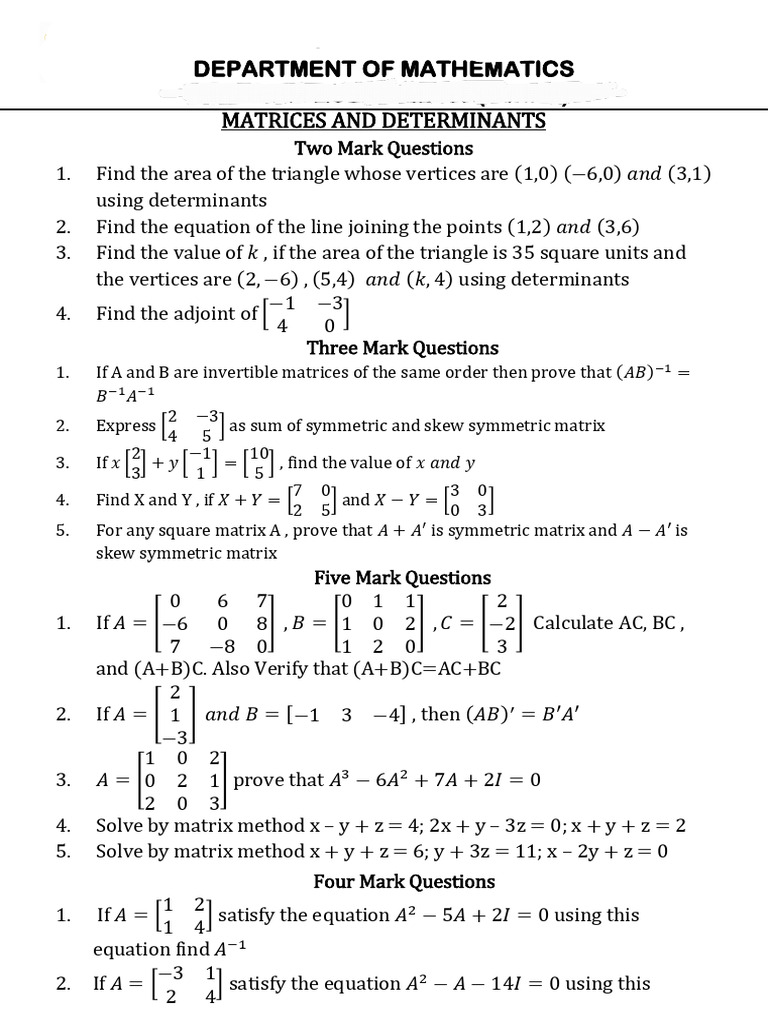 Mid Term Maths Imp Questions - Copy - 241011 - 232314 | PDF | Determinant | Matrix (Mathematics)