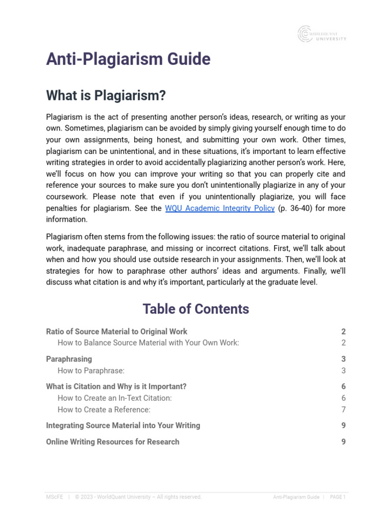 Anti-Plagiarism Guide | PDF | Citation | Unemployment