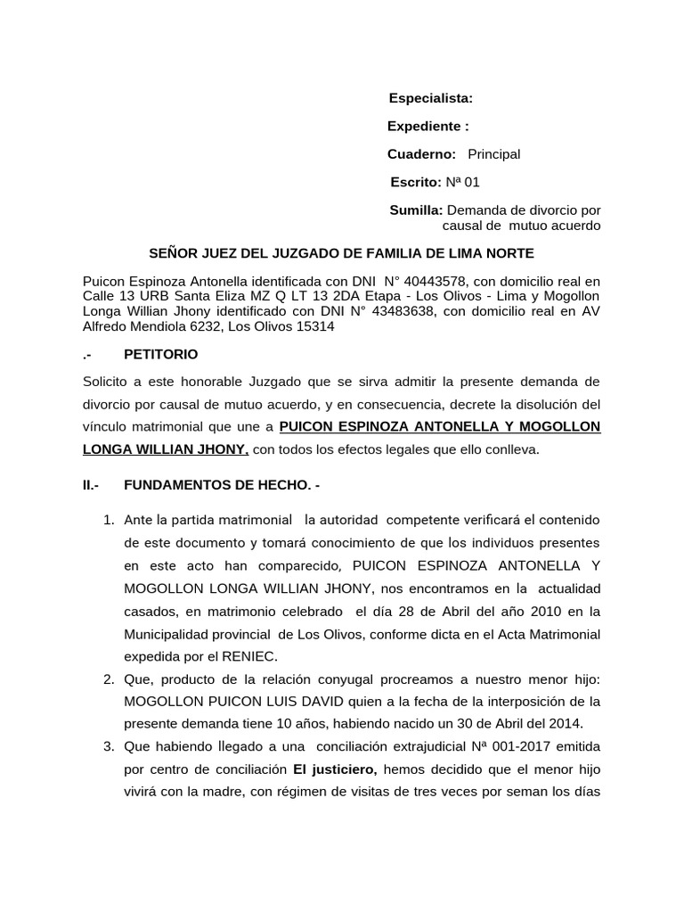 Demanda de Divorcio por Mutuo Acuerdo | PDF | Divorcio | Matrimonio