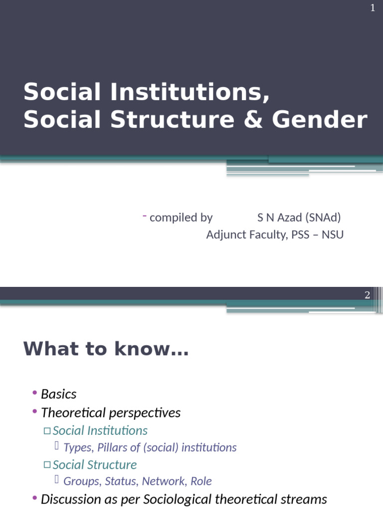 Social Institutions, Social Structure & Gender - Lec. 17-18 - SyNA | PDF | Institution | Social ...