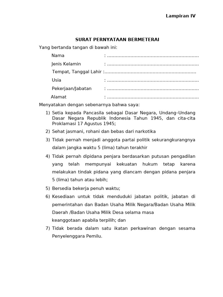 Surat Pernyataan Bermaterai | PDF