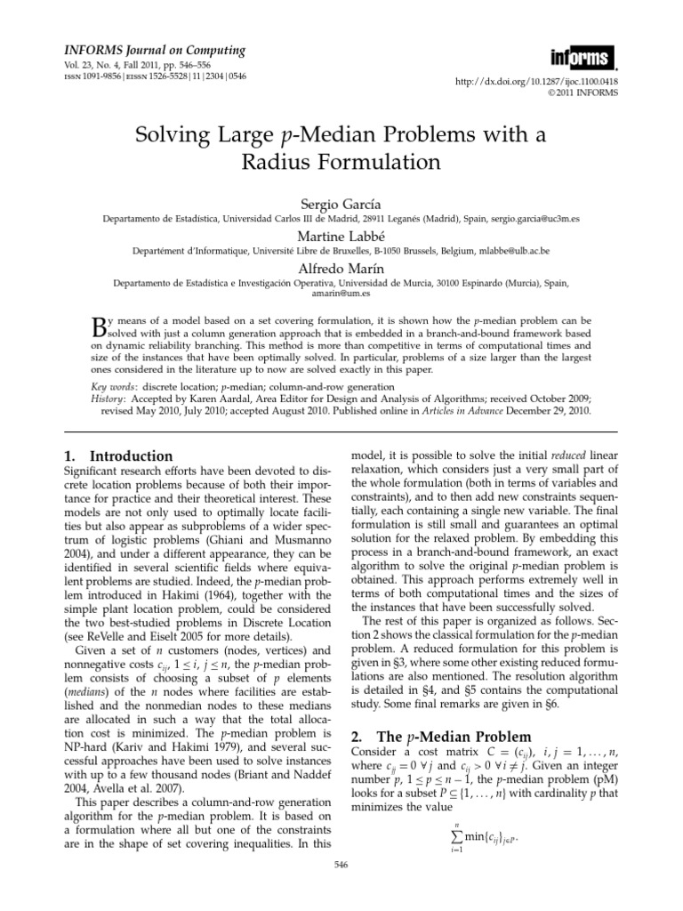 García Et Al 2010 Solving Large P Median Problems With A Radius Formulation | PDF | Computing