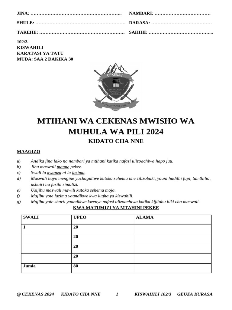 Kiswahili Pp3 Questions | PDF