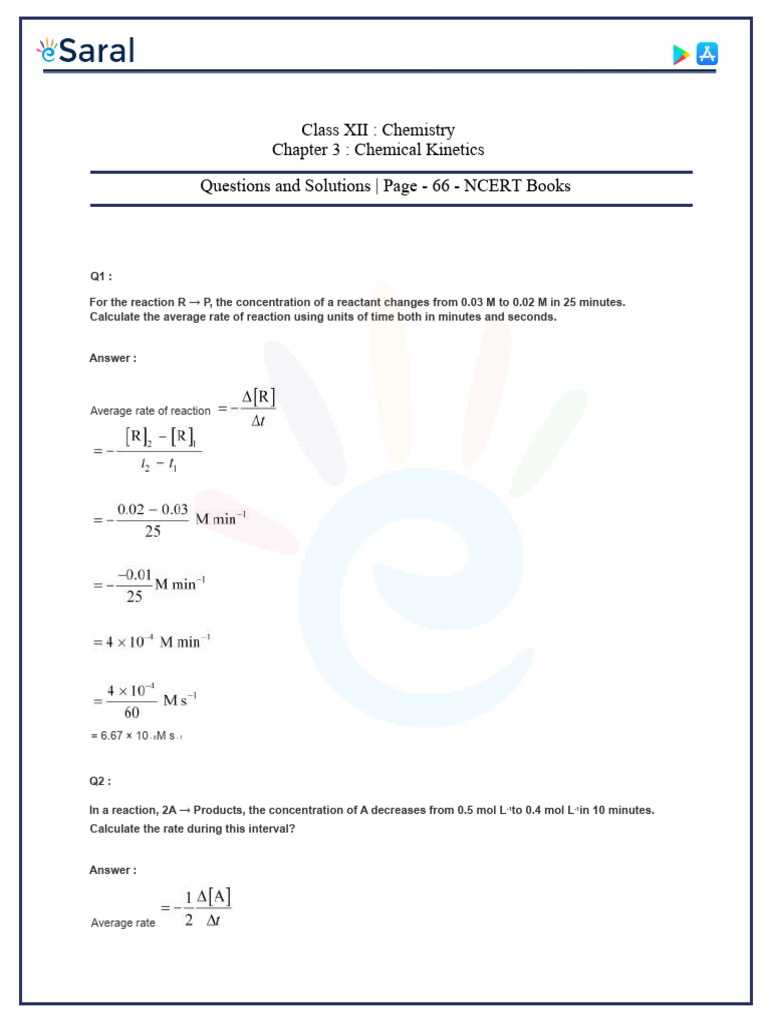 NCERT Solutions Class 12 Chemistry Chapter 3 Chemical Kinetics PDF | PDF | Reaction Rate ...
