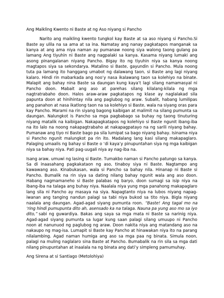 Ang Maikling Kwento Ni Baste at NG Aso Niyang Si Pancho | PDF