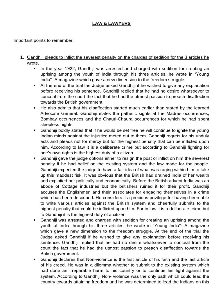 Law & Lawyers Important Points | PDF | Mahatma Gandhi | British Raj