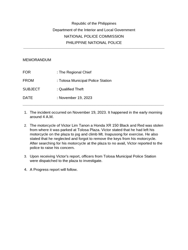 Spot Report on Qualified Theft Incident | PDF