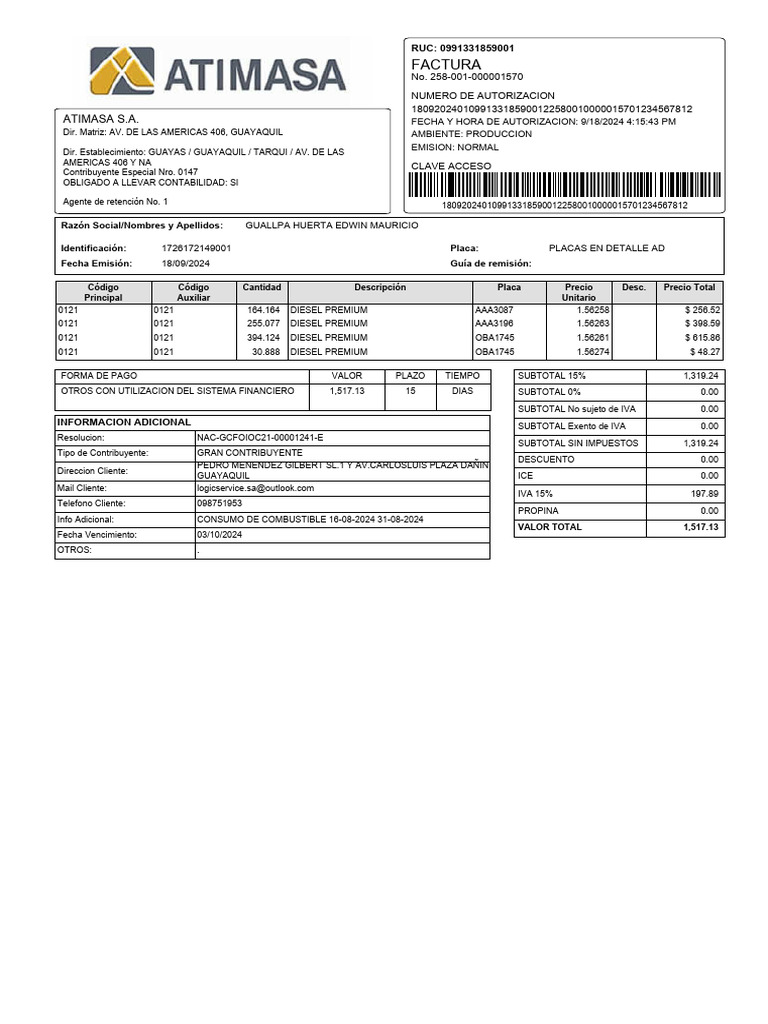 Atimasa Factura 258 001 000001570 | PDF | Gobierno | Economias