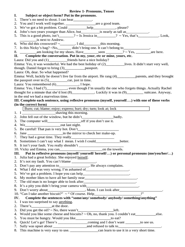Review 1 - Pronouns and Tenses | PDF