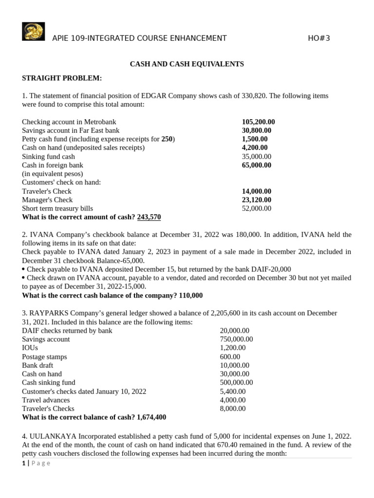 Cash and Cash Equivalents Problems | PDF | Cheque | Banks