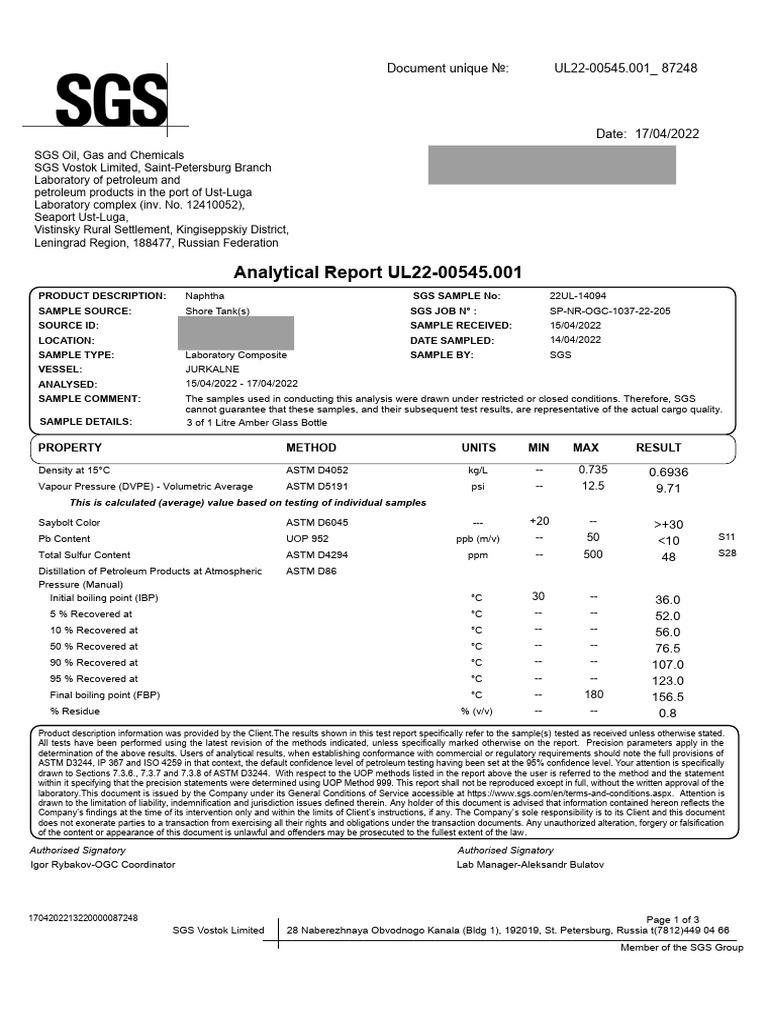 SGS - Certificate of Quality - Naptha 3 | PDF