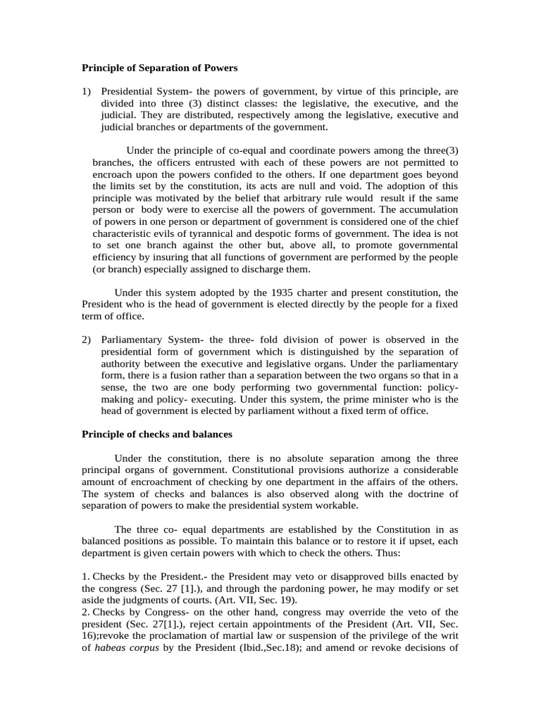 Principle of Separation of Powers | PDF | American Government ...