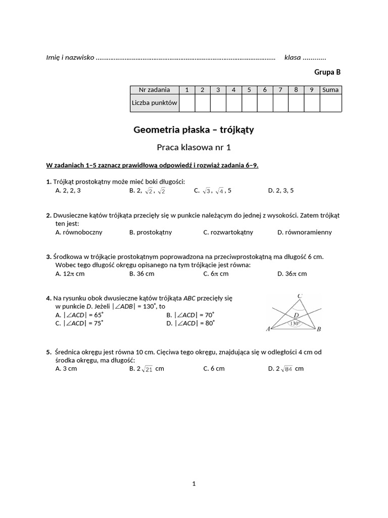 Klasowki 5 Geometria Plaska Trojkaty 1 B | PDF