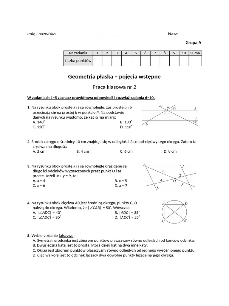 Klasowki 4 Geometria Plaska Pojecia Wstepne 2 A | PDF