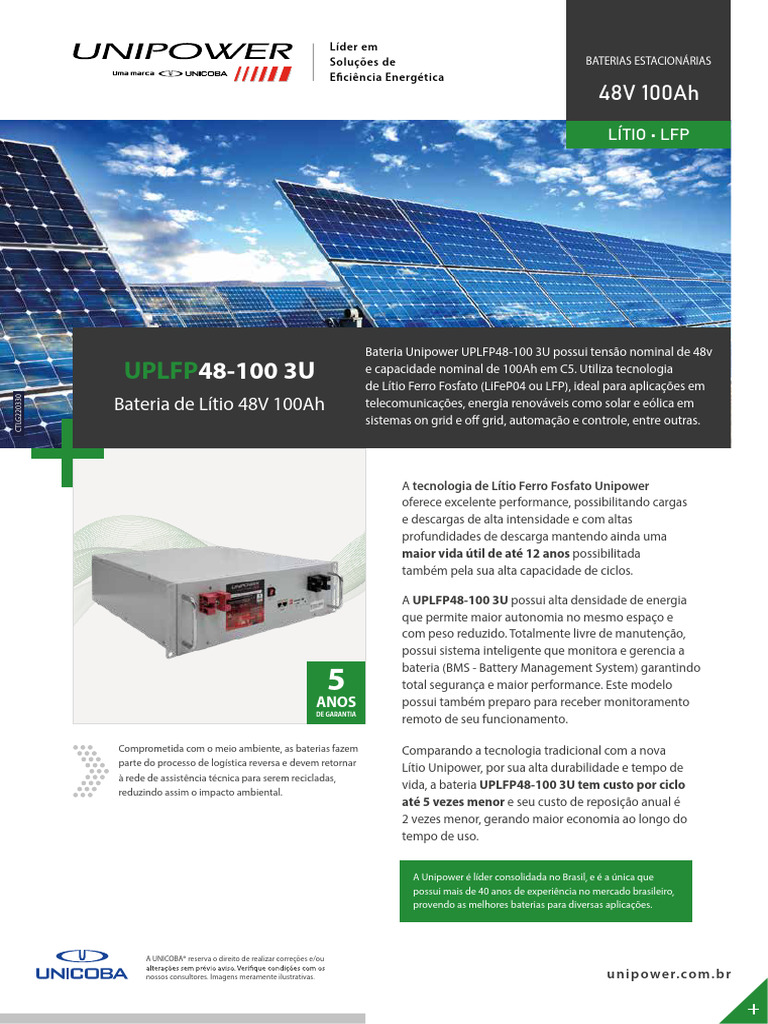 Bateria Lítio 48V 100Ah UPLFP48-100 | PDF | Lítio | Automação