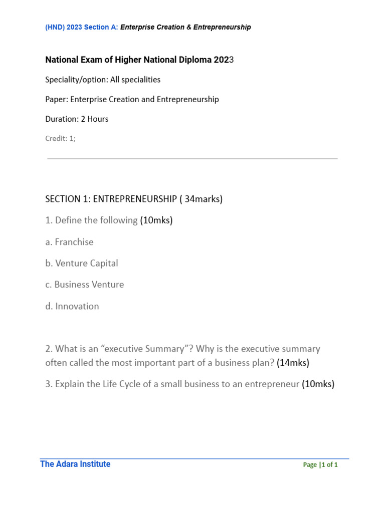 (2023) HND Section A - Enterprise Creation and Entrepreneurship | PDF
