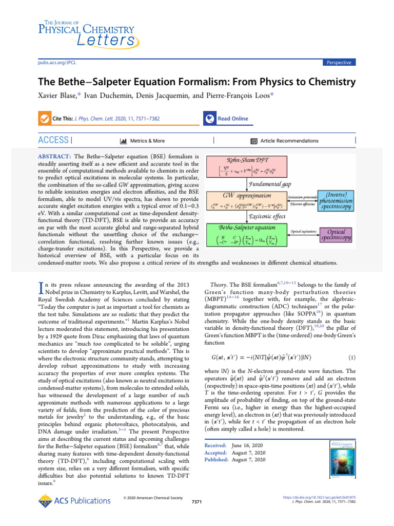 The Bethe Salpeter Equation Formalism: From Physics To Chemistry | PDF ...