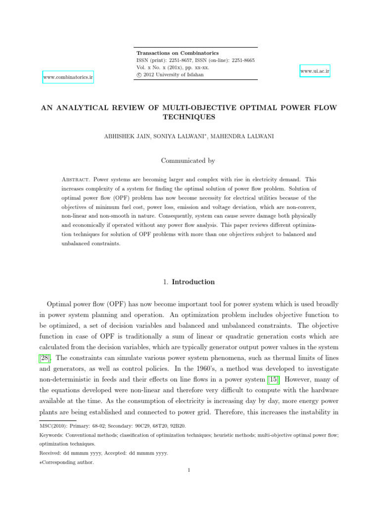 An Analytical Review of Multi-Objective Optimal Power Flow Techniques | PDF | Mathematical ...