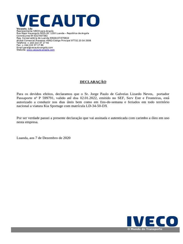 Autorização para Conduzir Veículo em Angola | PDF | Negócios