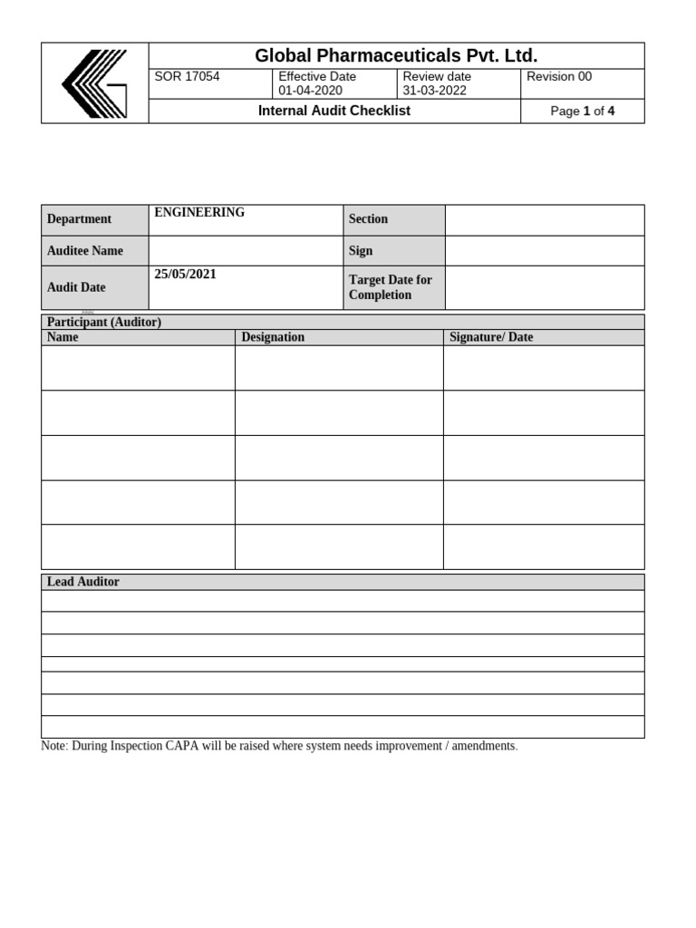 Engineering Internal Audit Checklist | PDF | Verification And ...