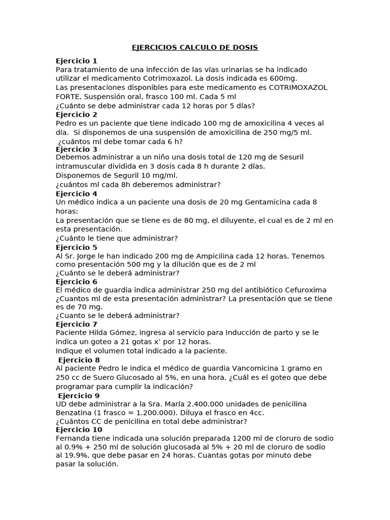 Ejercicios Calculo de Dosis | PDF | Ciencia y matemáticas