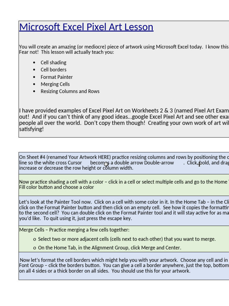 01 Excel Pixel Art Lesson Pdf
