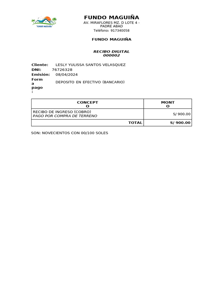 Recibo Lesly Yulissa Santos Velasquez | PDF