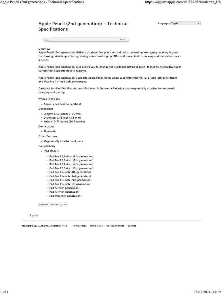 Apple Pencil 2nd Gen Technical Specs | PDF | I Pad | Apple Inc.