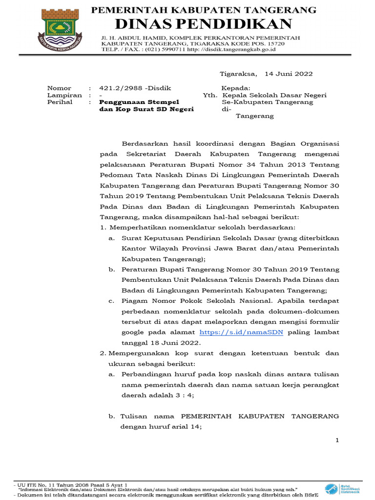 421.2-2988-Disdik Penggunaan Stempel Dan Kop Surat SDN - Sign | PDF